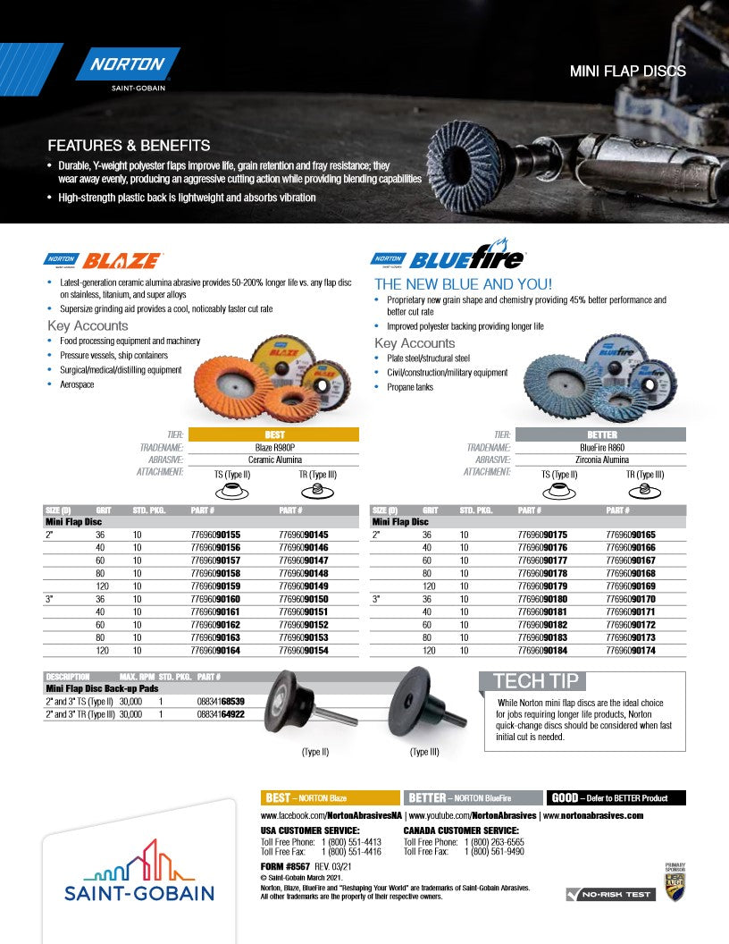 Norton 3" Blaze 60 Grit Roloc Flap Disc 10pk - N77696090152 – Power ...
