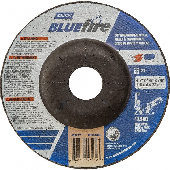 Norton 4-1/2 x 1/4 x 7/8 Ty-27 BlueFire Grinding Wheel 25pk - N6625284 ...